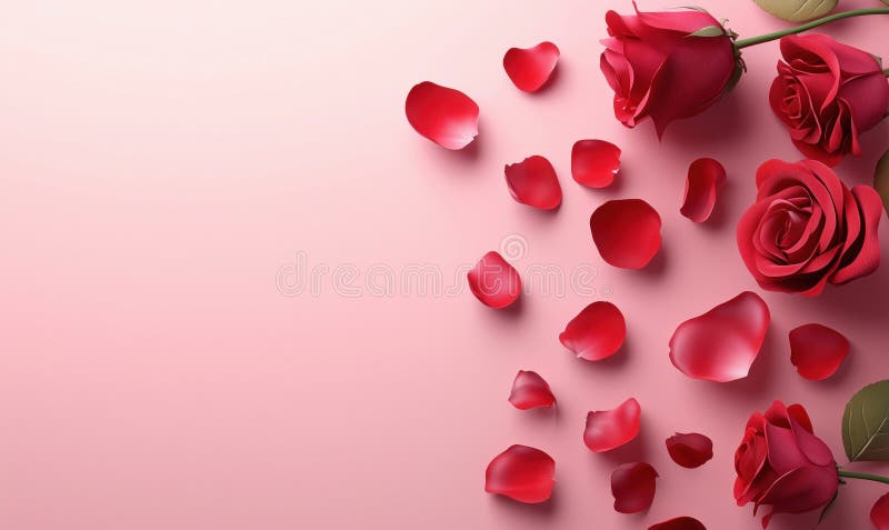 Red Roses and Petals on Soft Pink Background for Romantic Occasions and ...