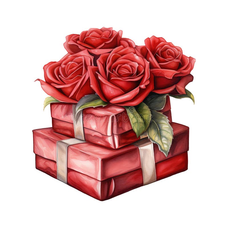Red Roses on a Red Gift Box with a Bow Stock Photo - Illustration of ...
