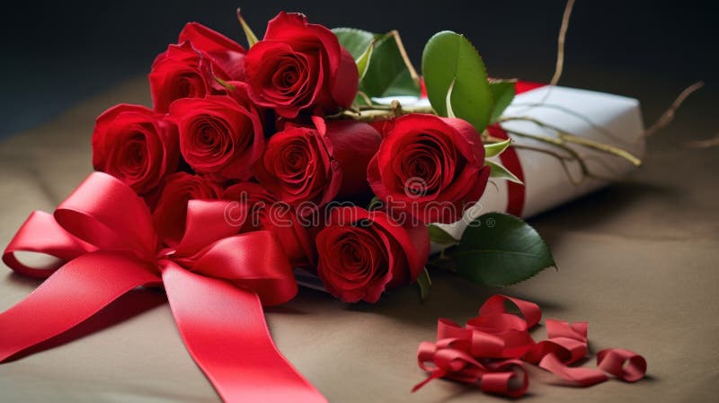 Red Roses with Ribbon and Bow on a Table, AI Stock Photo - Image of ...