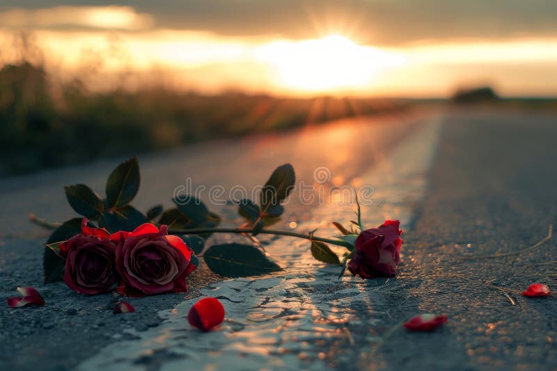 Red Roses on the Road. Sunset Stock Illustration - Illustration of ...