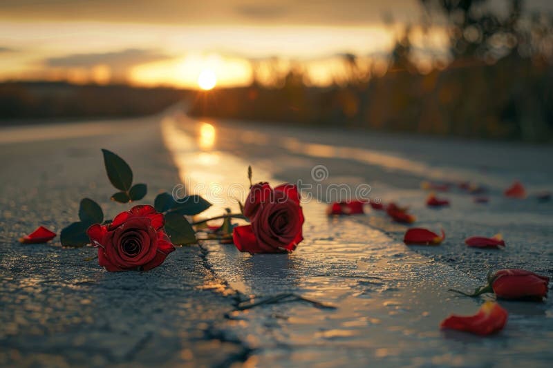 Red Roses on the Road. Sunset Stock Illustration - Illustration of ...