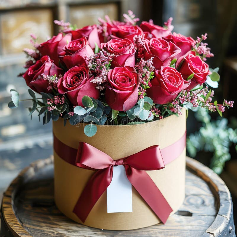 Red Roses a Round Box with a Red Ribbon Stock Photo - Image of florist ...