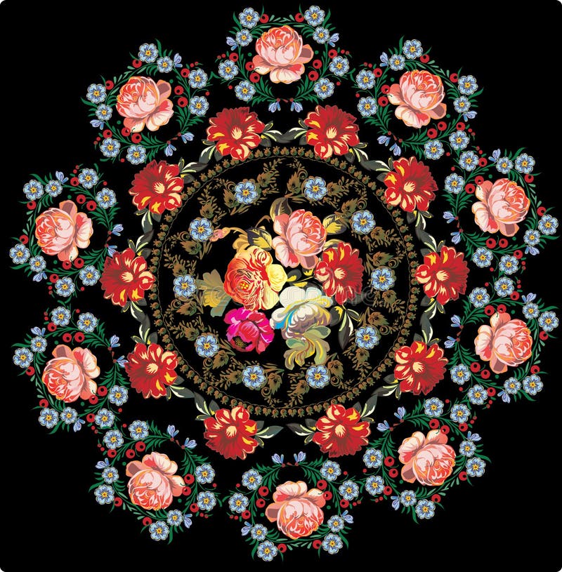 Red Roses Round Design on Black Stock Vector - Illustration of ornament ...