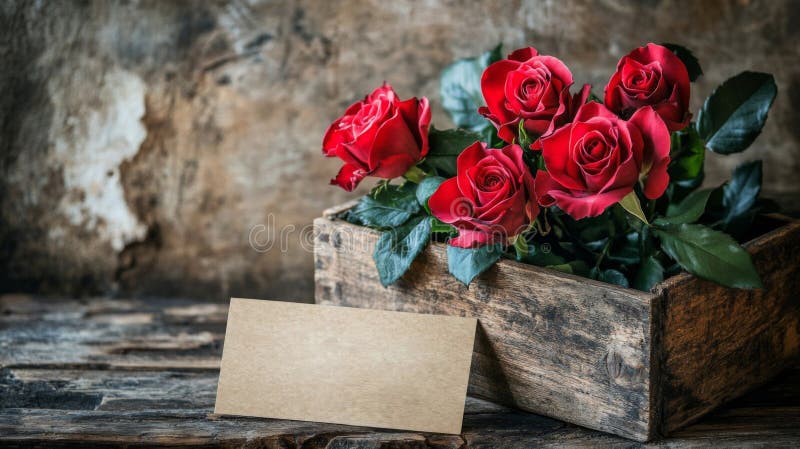 Red Roses in a Rustic Wooden Box with a Blank Card Stock Illustration ...