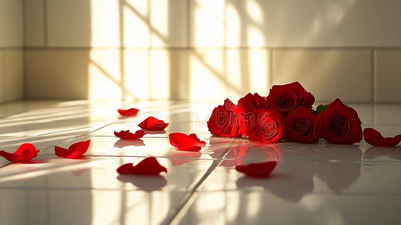 Red Roses Scattered on a Sunlit Tile Floor Stock Illustration ...