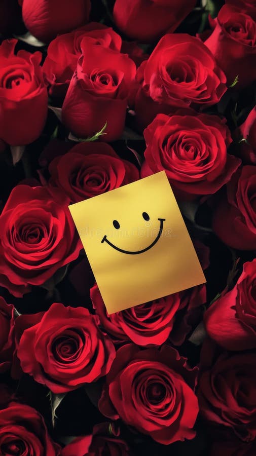 Red Roses with Smiley Face on Yellow Sticky Note Stock Photo - Image of ...