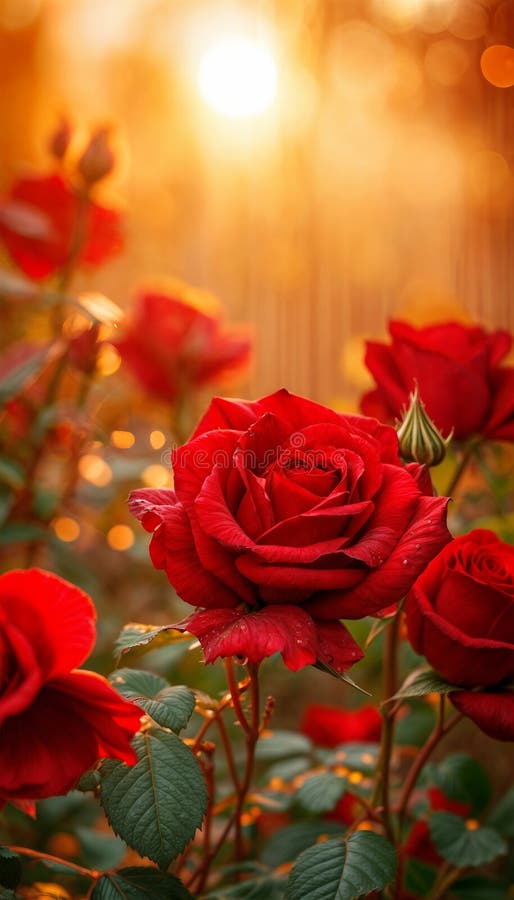 Red Roses at Sunset. Close-up of a Rose Bush Stock Illustration ...