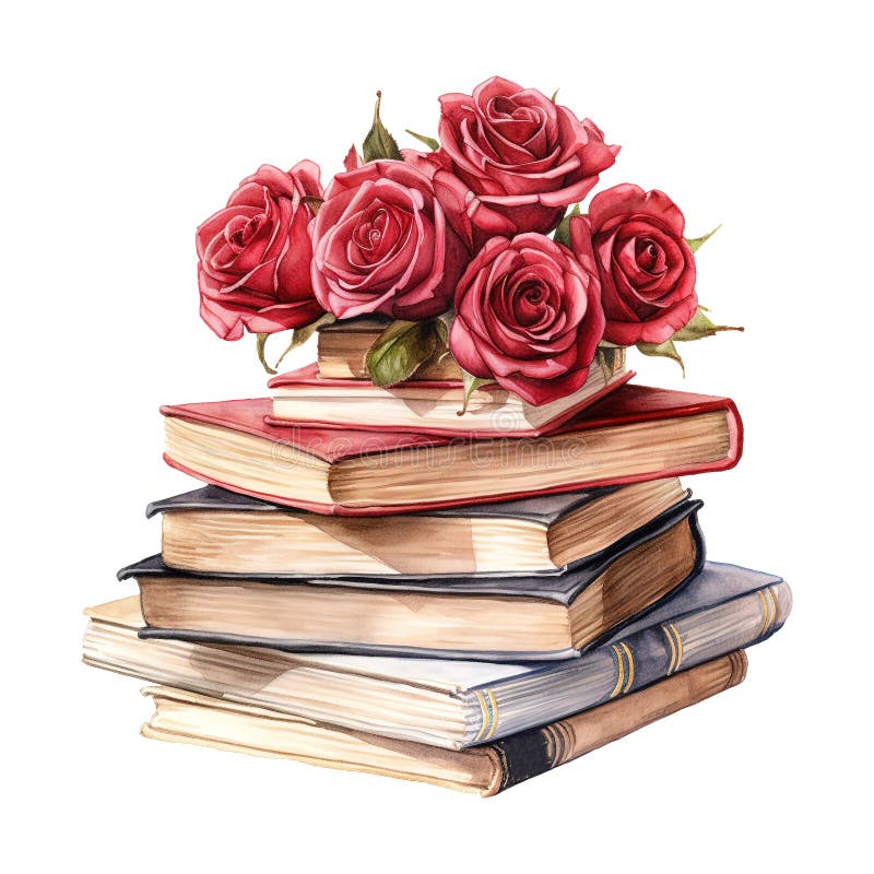 Red Roses on Top of a Stack of Books Stock Photo - Illustration of ...