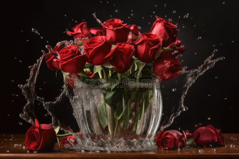 Red Roses in a Vase, with Water Splashing on the Petals Stock Image ...