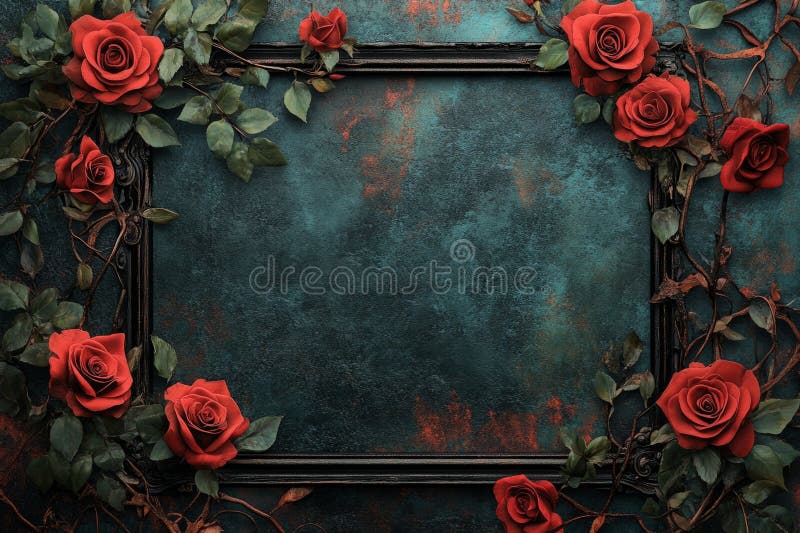 Red Roses and Vines Framing a Vintage Empty Frame with Teal Grunge ...