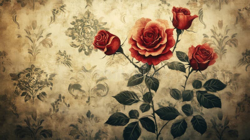 Red Roses on Vintage Damask Wallpaper Stock Illustration - Illustration ...