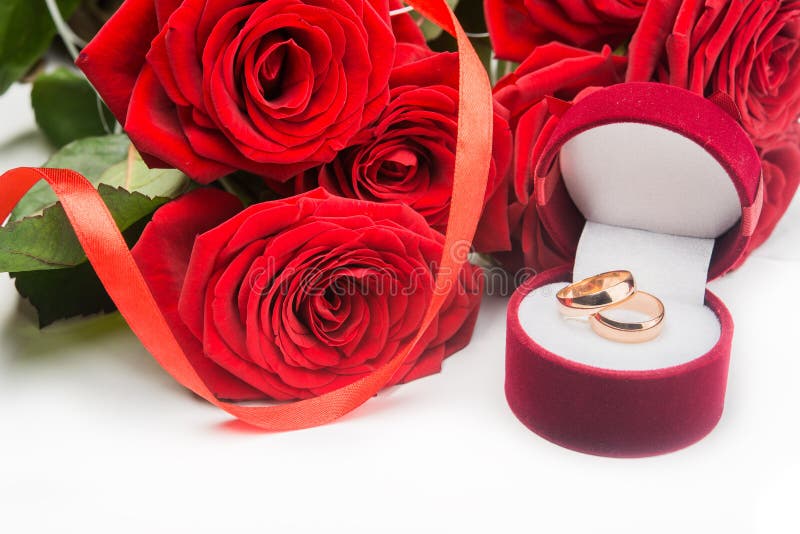 Red Roses and Wedding Rings Stock Photo - Image of open, beautiful ...