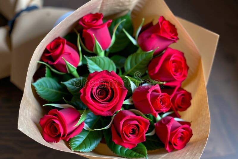 Red Roses Wrapped in Kraft Paper Stock Illustration - Illustration of ...