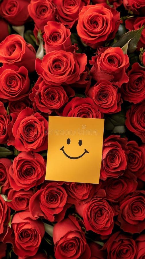 Red Roses with a Yellow Smiley Face Note, Cheerful Greeting Concept ...