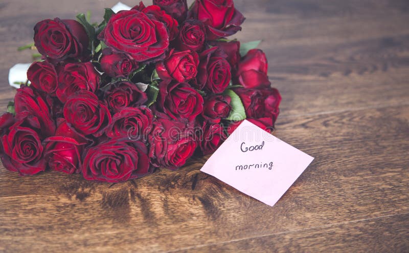 Red Rosses with Good Morning Text Stock Image - Image of care ...