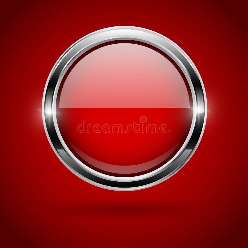 Red Round Button. Glass 3d Shiny Icon with Wide Metal Frame Stock ...