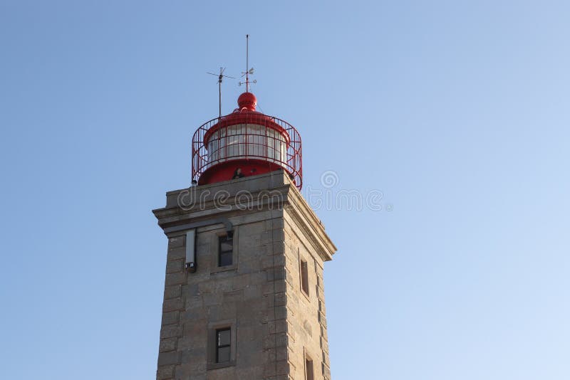 Red Round Lighthouse Top on a Square Stone Tower Stock Image - Image of ...