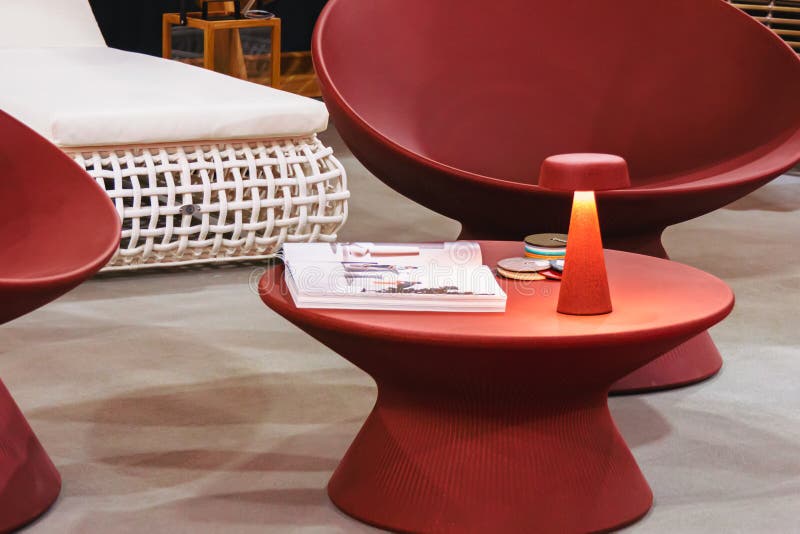 Red Round Plastic Table with Lamp Editorial Image - Image of house ...