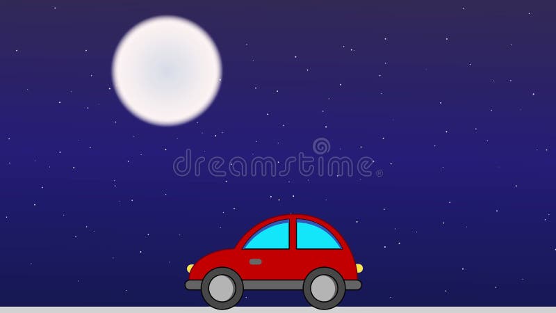 Red Round Shaped Car Driving at Night with a Glowing Moon Animation ...