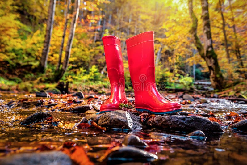 Red Rubber Boots on the Forest Stream Stock Image - Image of rainboots ...