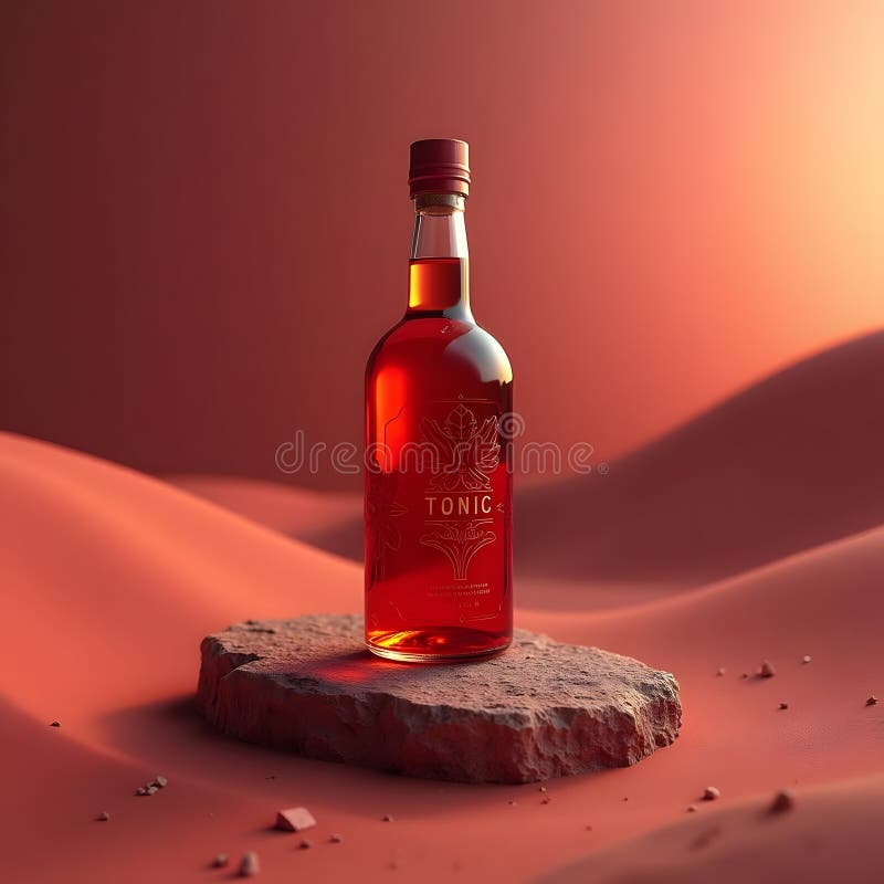 Red Ruby Elegance: 3D Rendering of a Luxurious Tonic Bottle on Granite ...
