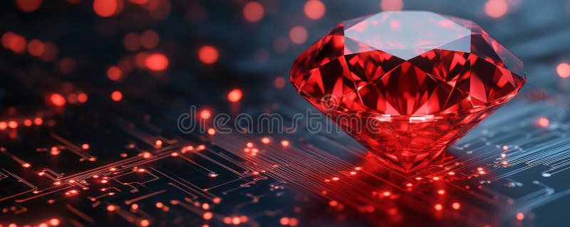 Red Ruby Gemstone on a Digital Circuit Board, Futuristic Symbolism ...