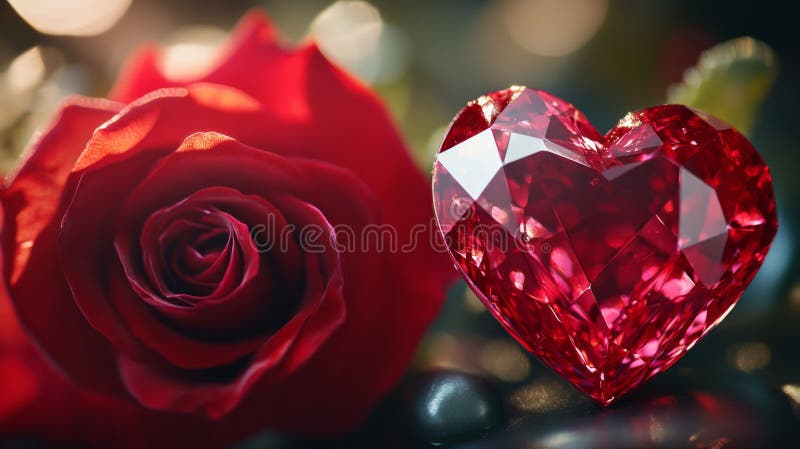 Red Ruby Heart Gemstone with Red Rose Stock Illustration - Illustration ...
