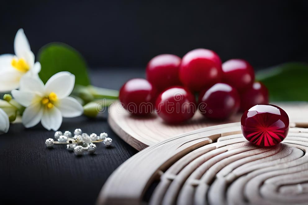Red Ruby Shining, and White Jasmine on Black Table Stock Illustration ...