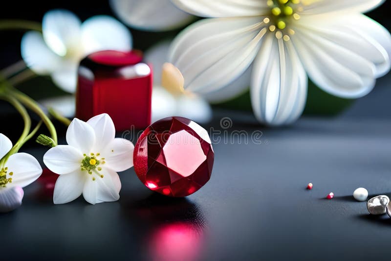 Red Ruby Shining, and White Jasmine on Black Table Stock Illustration ...