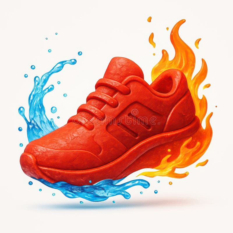 Red Running Shoe with Water and Fire Elements on White Background ...