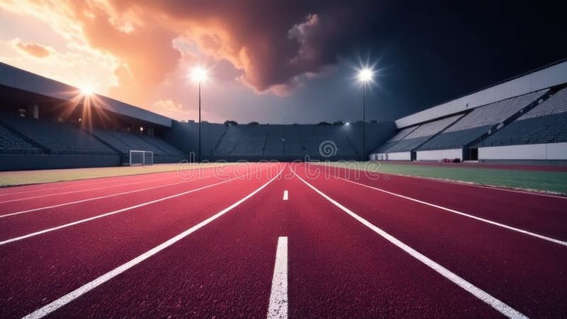 Red Running Track in an Empty Stadium at Sunset with Dramatic Sky Stock ...