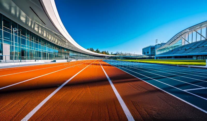 Red Running Track and Modern Buildings in the Background Stock Photo ...