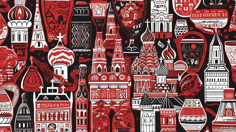 Red Russian-Themed Pattern with Modern and Traditional Elements Stock ...