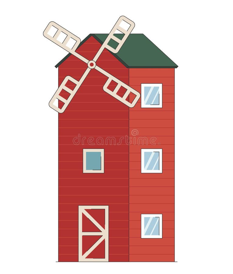 Red Rustic Wooden Windmill Cartoon Flat Style Stock Vector ...