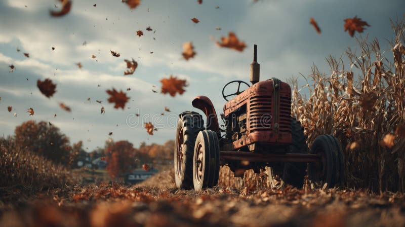 Red Rusty Tractor in Autumn Field with Blowing Leaves Stock ...