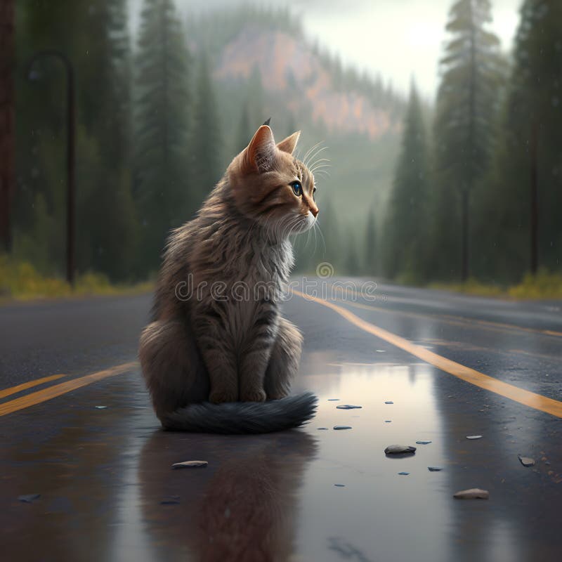 Red Sad Cat Sitting on the Road in the Rain. Generative AI Content ...