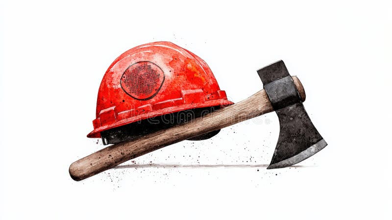 A Red Safety Helmet and an Axe Against a White Background Symbolizing ...
