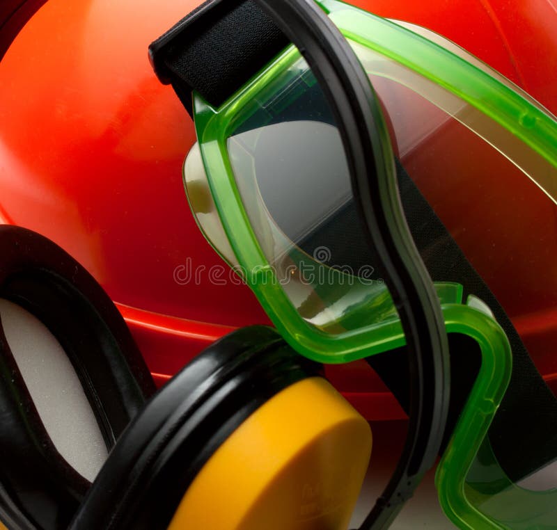 Red Safety Helmet with Earphones Stock Image - Image of eyewear ...