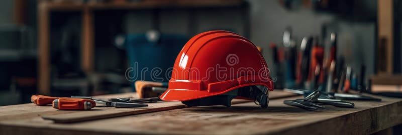 Red Safety Helmet Sits on Wooden Workbench. Tools Surround. Workplace ...