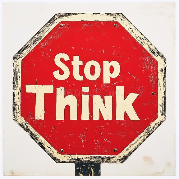 Red Safety Sign with "Stop and Think" Text on Neutral Background Stock ...