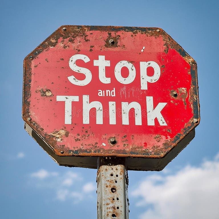 Red Safety Sign with "Stop and Think" Text on Neutral Background Stock ...