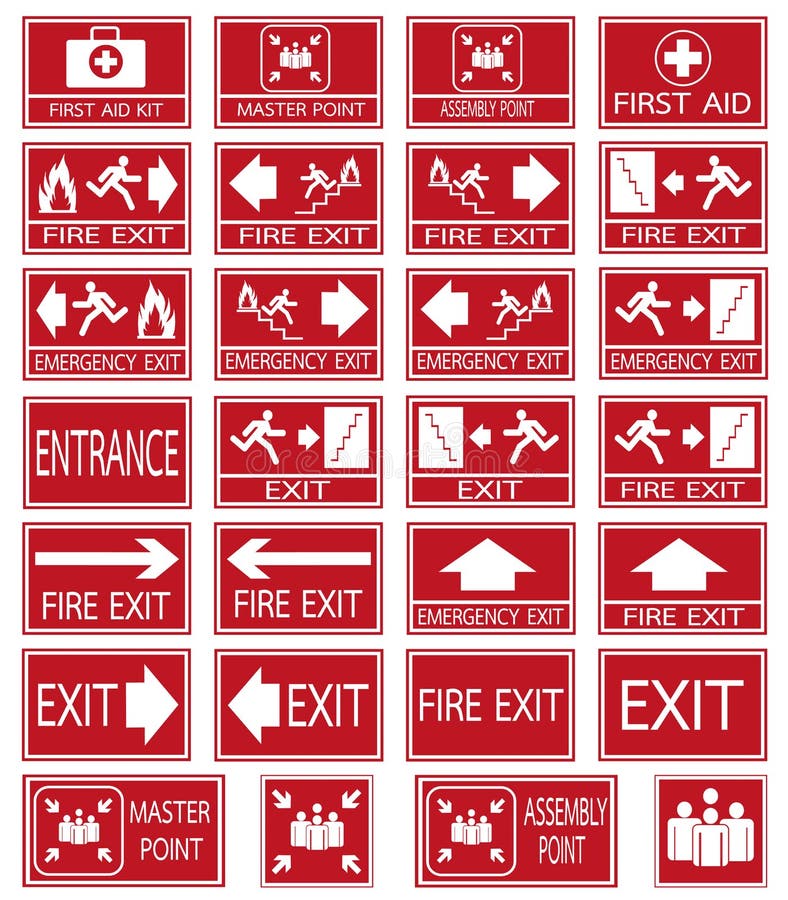 Evacuation and Emergency Signs in Green and Red Colors Stock Vector ...