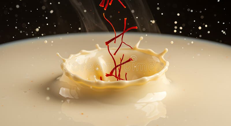 Saffron Threads Falling into Creamy Milk: a Dramatic Splash Stock Photo ...