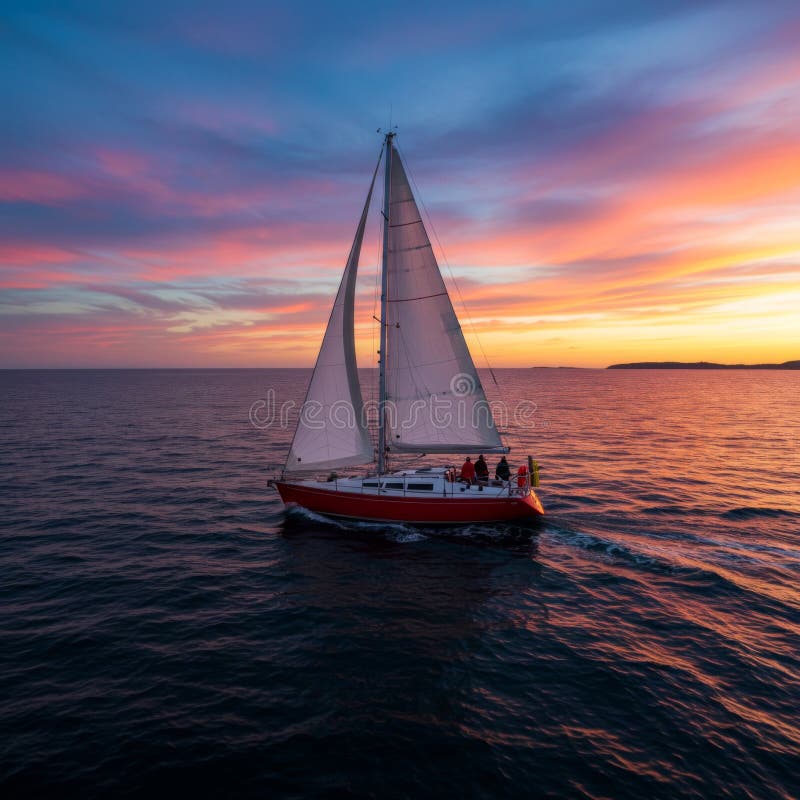 Red Sailboat Sailing on Calm Ocean at Sunset Stock Illustration ...