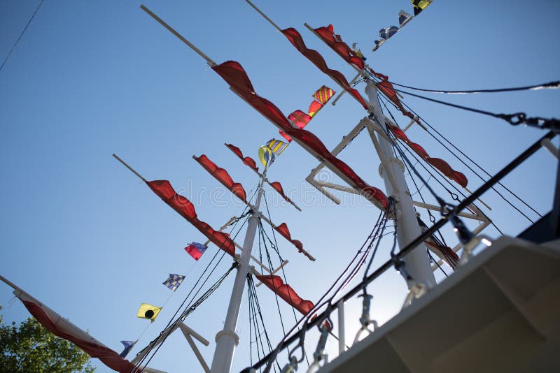 Red sails among trees stock photo. Image of tourism - 104350550