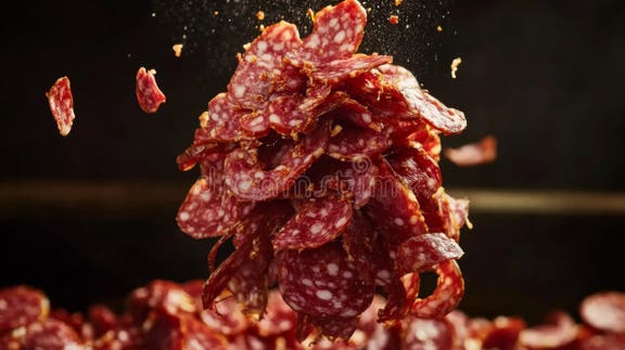 Red Salami Slices Falling on Dark Background Stock Illustration ...