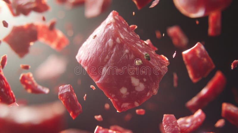 Red Salami Slices Falling on Dark Background Stock Illustration ...