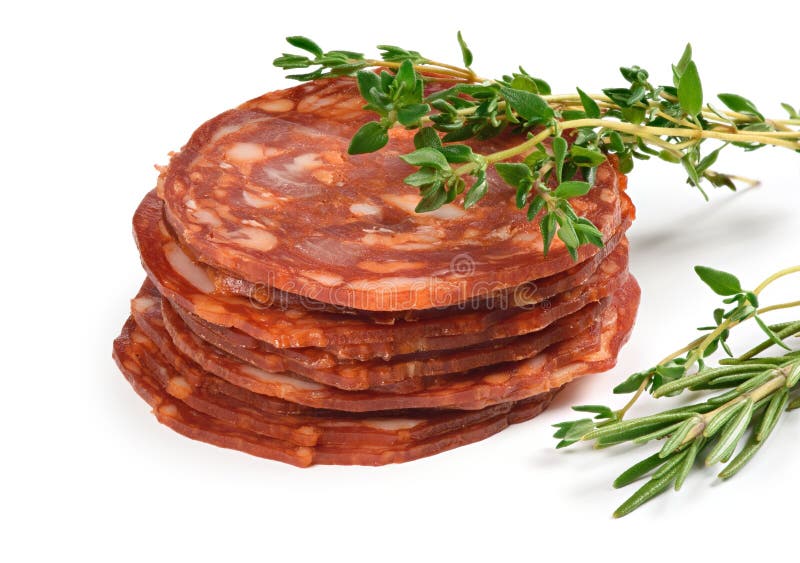 Red salami and thyme spice stock photo. Image of thyme - 80120994