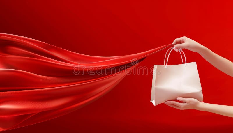 Red Sale Background Shopping Bag Mockup With Flying Ribbon For Copy