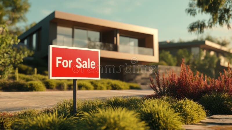 Red "for Sale" Sign in Front of Modern House Stock Illustration ...